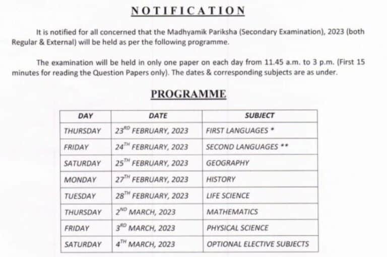 WB Madhyamik Routine 2023 – WBBSE 10th Time Table